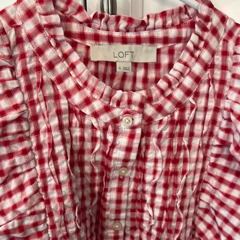 LOFT | Tops | Loft Red And White Ruffled Bib Collar Blouse | Poshmark